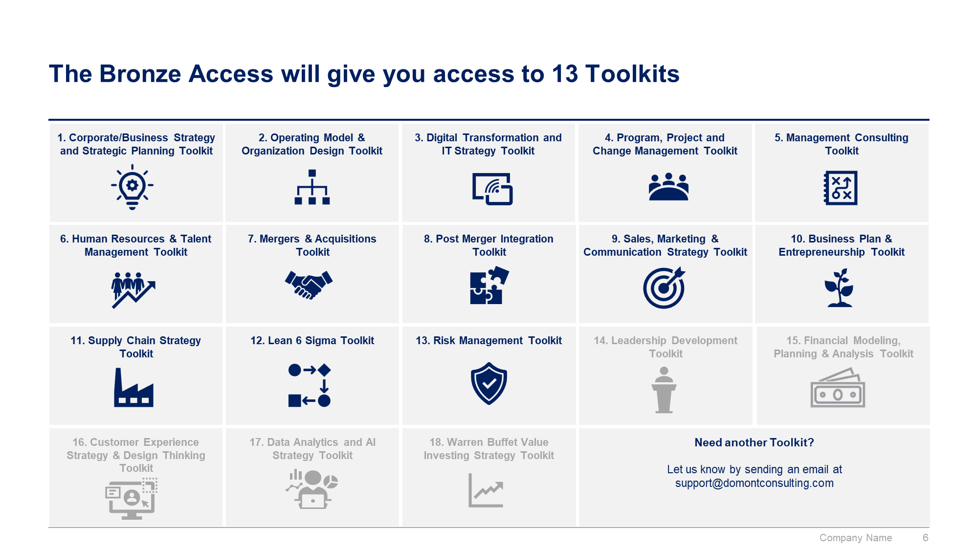 Get 13 Toolkits with our Bronze Access | Domont Consulting